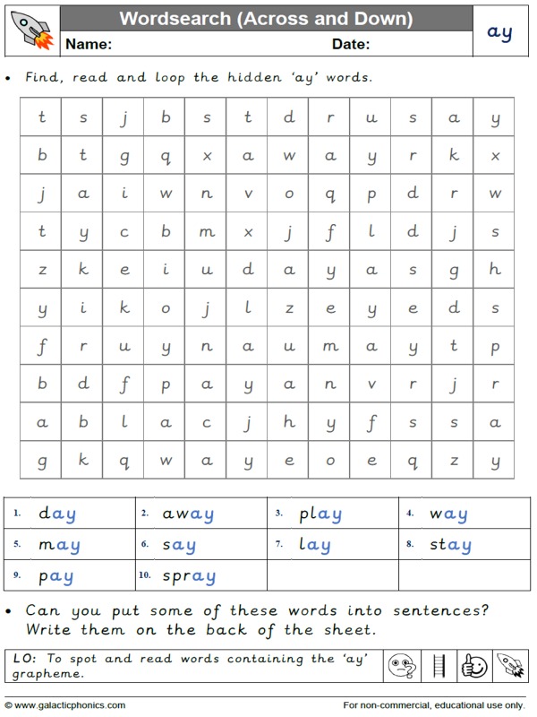 ay worksheets and games - Galactic Phonics