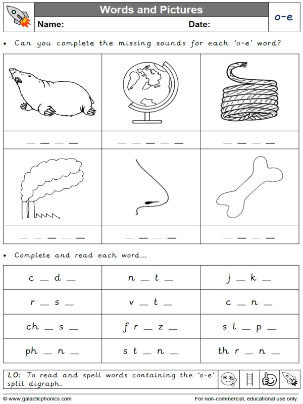 oe split digraph worksheets and games - Galactic Phonics