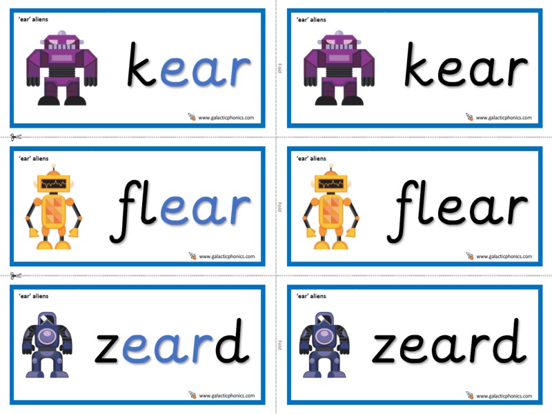 'ear' phonics worksheets and games - Galactic Phonics