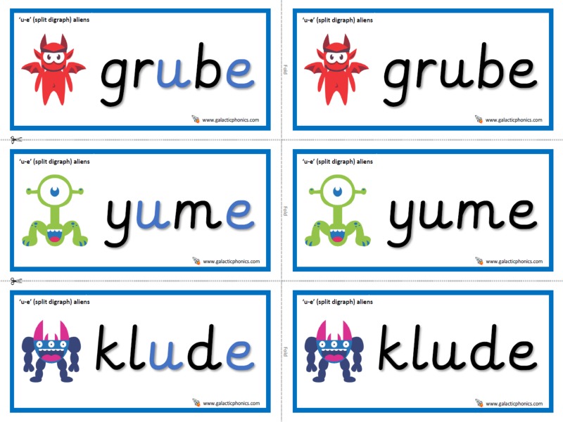 Free 'u-e' (split digraph) phonics worksheets and games - Galactic Phonics