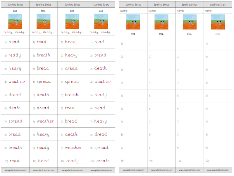 'ea' (short e) phonics worksheets and games - Galactic Phonics
