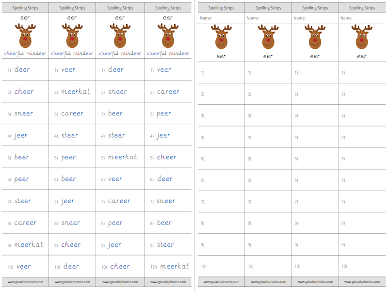 'eer' phonics worksheets and games - Galactic Phonics