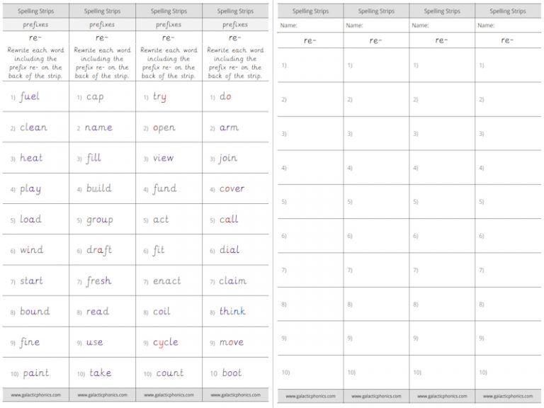re- prefix worksheets and resources - Galactic Phonics