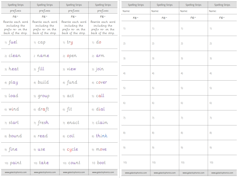 re- prefix worksheets and resources - Galactic Phonics