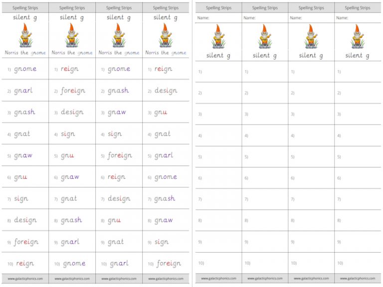 silent g phonics worksheets and games - Galactic Phonics
