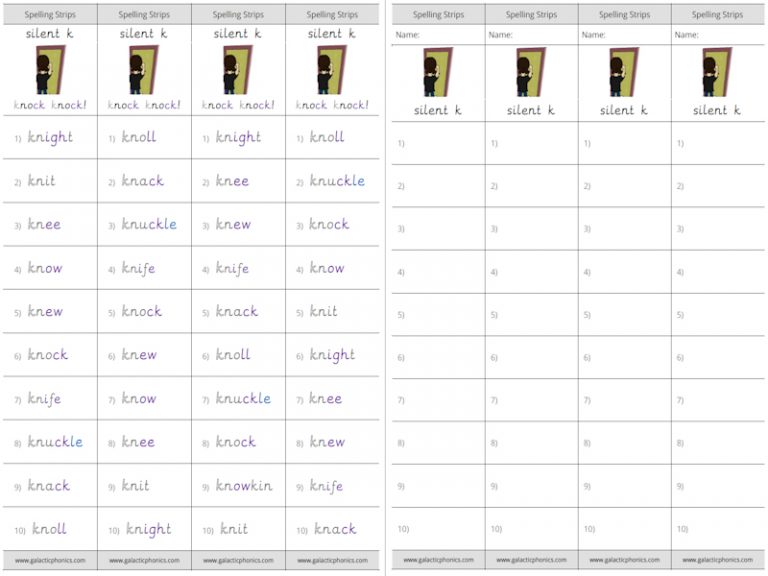 silent k phonics worksheets and games - Galactic Phonics
