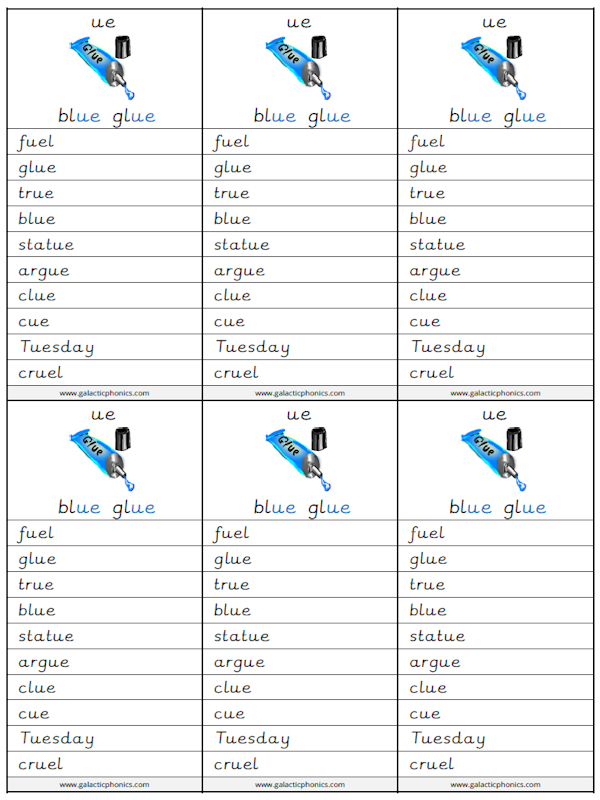Free 'ue' phonics worksheets and games - Galactic Phonics