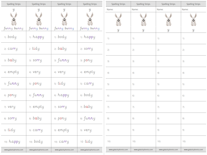 Free 'y' (long e) phonics worksheets and games - Galactic Phonics