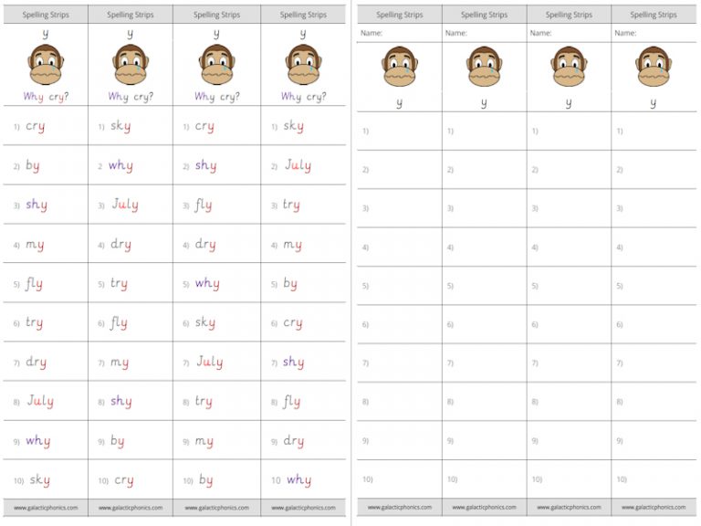 Free 'y' (long i) phonics worksheets and games - Galactic Phonics