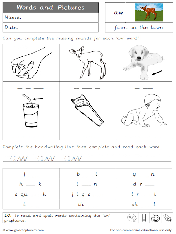 aw phonics worksheets and games - Galactic Phonics