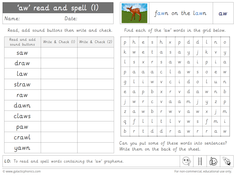 aw phonics worksheets and games - Galactic Phonics