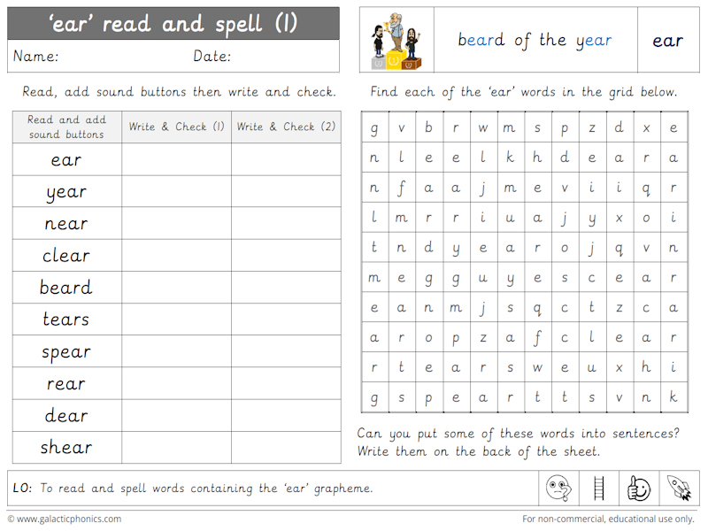 'ear' phonics worksheets and games - Galactic Phonics