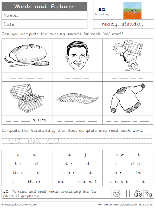 'ea' (short e) phonics worksheets and games - Galactic Phonics
