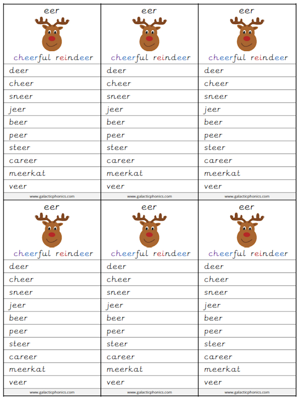 'eer' phonics worksheets and games - Galactic Phonics