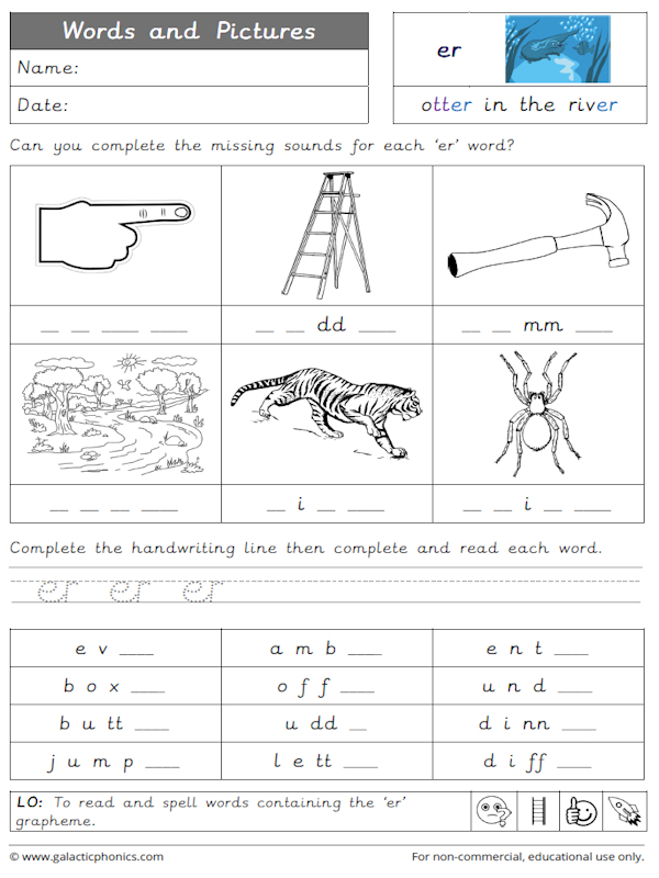 'er' (short) phonics worksheets and games - Galactic Phonics