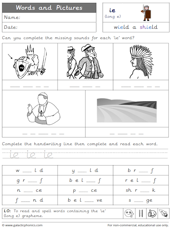 Free 'ie' (long e) phonics worksheets and games - Galactic Phonics