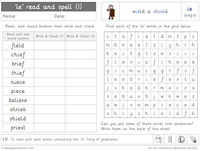 Free 'ie' (long e) phonics worksheets and games - Galactic Phonics