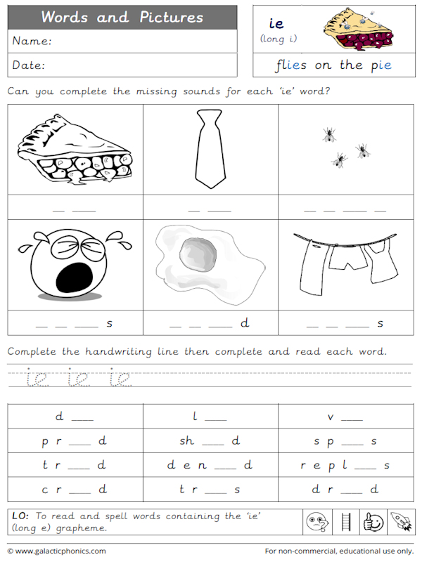 Free 'ie' (long i) worksheets and games - Galactic Phonics
