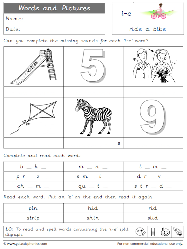 Free 'i-e' (split digraph) worksheets and games - Galactic Phonics