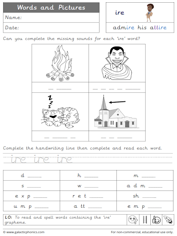 'ire' phonics worksheets and games - Galactic Phonics