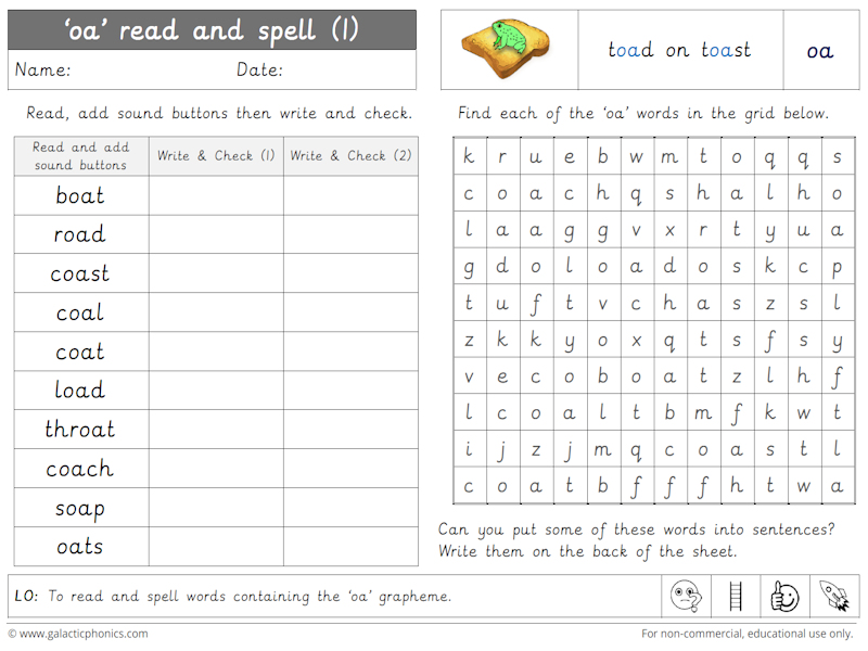Free 'oa' worksheets and games - Galactic Phonics