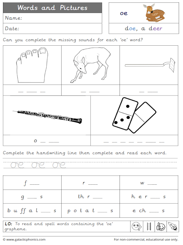 Free 'oe' worksheets and games - Galactic Phonics