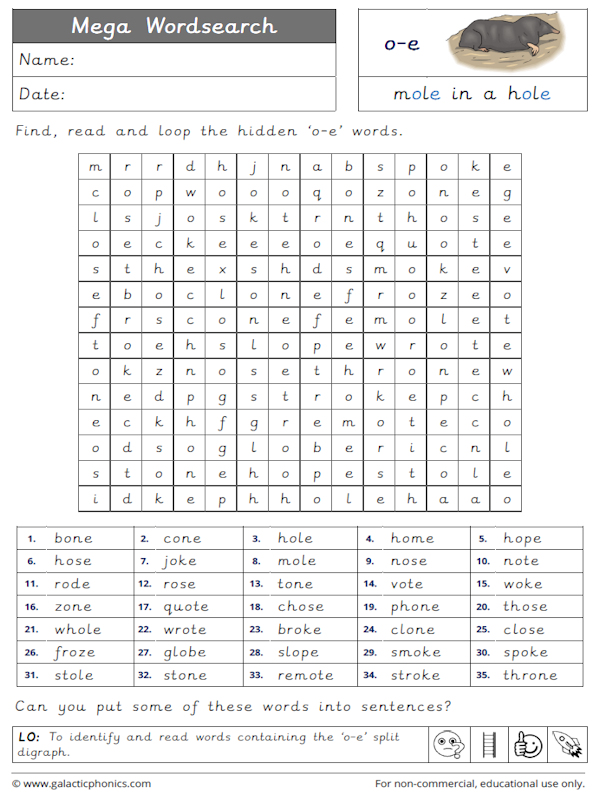 Free 'o-e' (split digraph) worksheets and games - Galactic Phonics