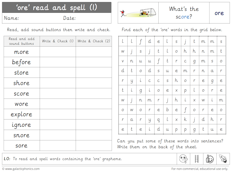 'ore' phonics worksheets and games - Galactic Phonics