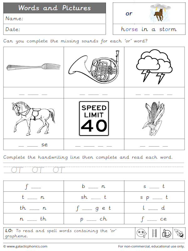 'or' phonics worksheets and games - Galactic Phonics