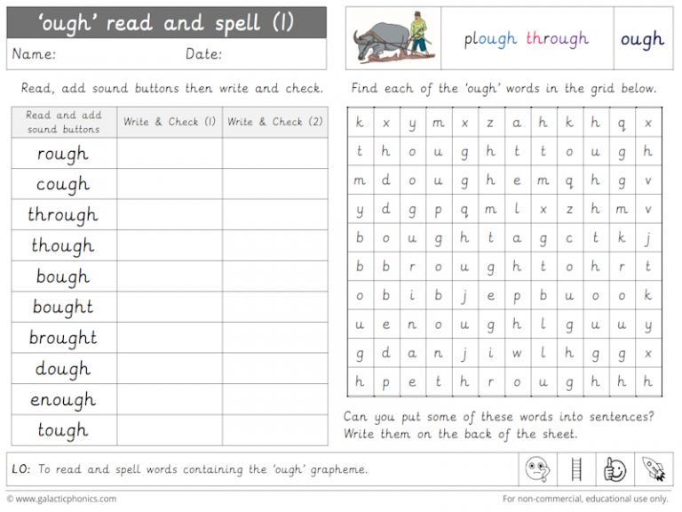 ough phonics worksheets and games - Galactic Phonics