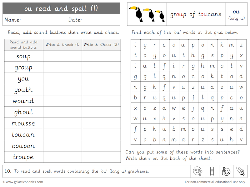long u phonics worksheets and games - Galactic Phonics