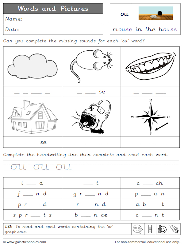 'ou' phonics worksheets and games - Galactic Phonics