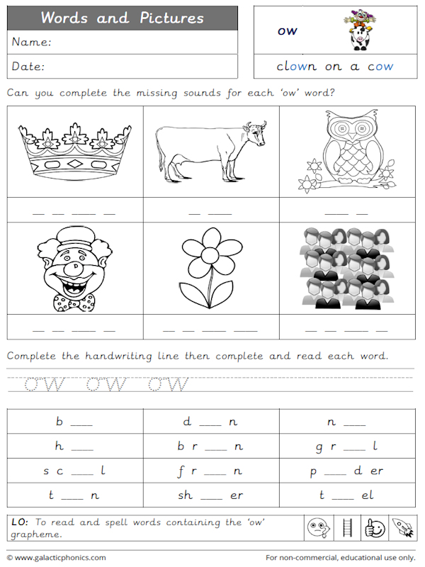 'ow' phonics worksheets and games - Galactic Phonics
