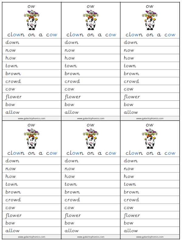 'ow' phonics worksheets and games - Galactic Phonics