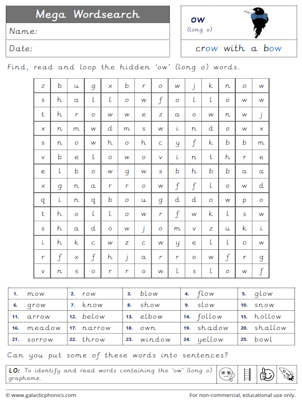 'ow' (long o) phonics worksheets and games - Galactic Phonics