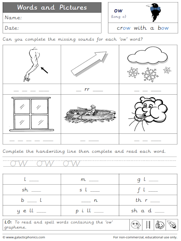 'ow' (long o) phonics worksheets and games - Galactic Phonics