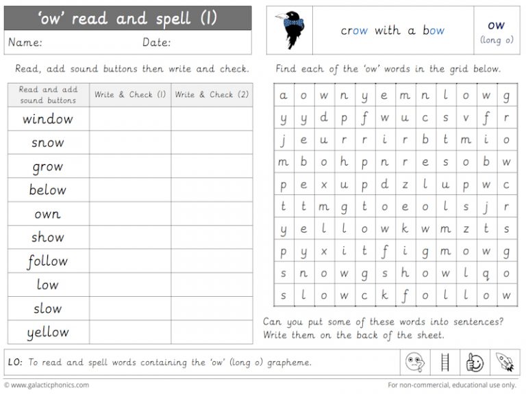 'ow' (long o) phonics worksheets and games - Galactic Phonics