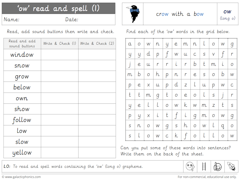 'ow' (long o) phonics worksheets and games - Galactic Phonics