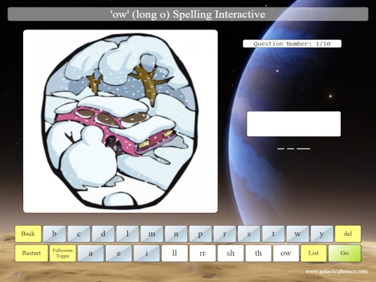'ow' (long o) phonics worksheets and games - Galactic Phonics