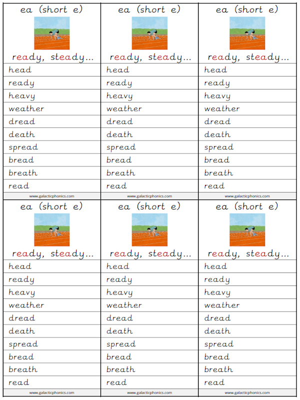 'ea' (short e) phonics worksheets and games - Galactic Phonics