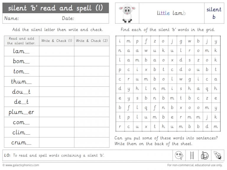 silent b phonics worksheets and games - Galactic Phonics