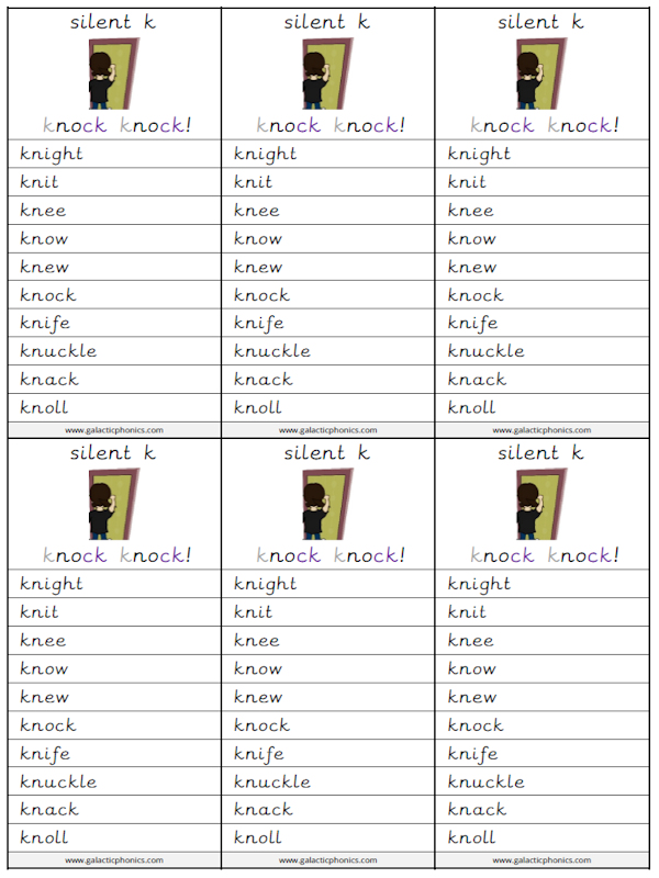 silent k phonics worksheets and games - Galactic Phonics