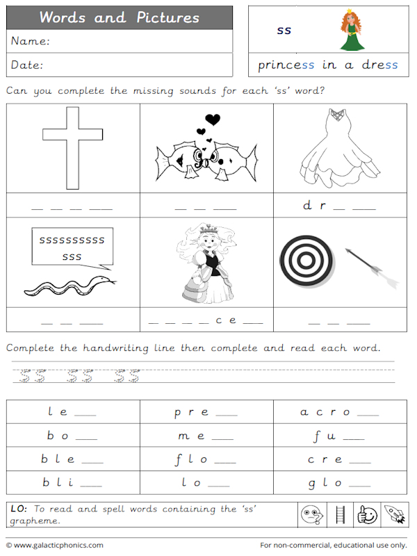 ss phonics worksheets and games - Galactic Phonics