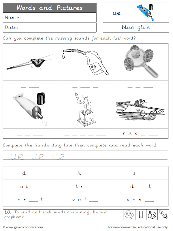 Free 'ue' phonics worksheets and games - Galactic Phonics