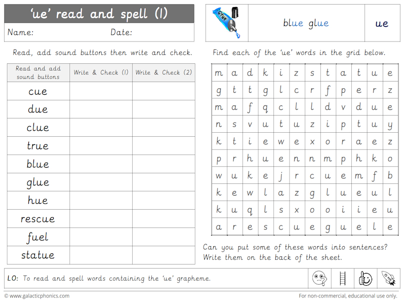 Free 'ue' phonics worksheets and games - Galactic Phonics