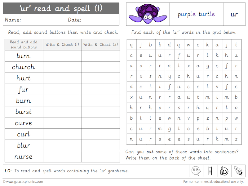 'ur' phonics worksheets and games - Galactic Phonics
