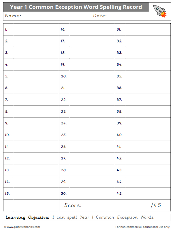 Year 1 Common Exception Words - Galactic Phonics