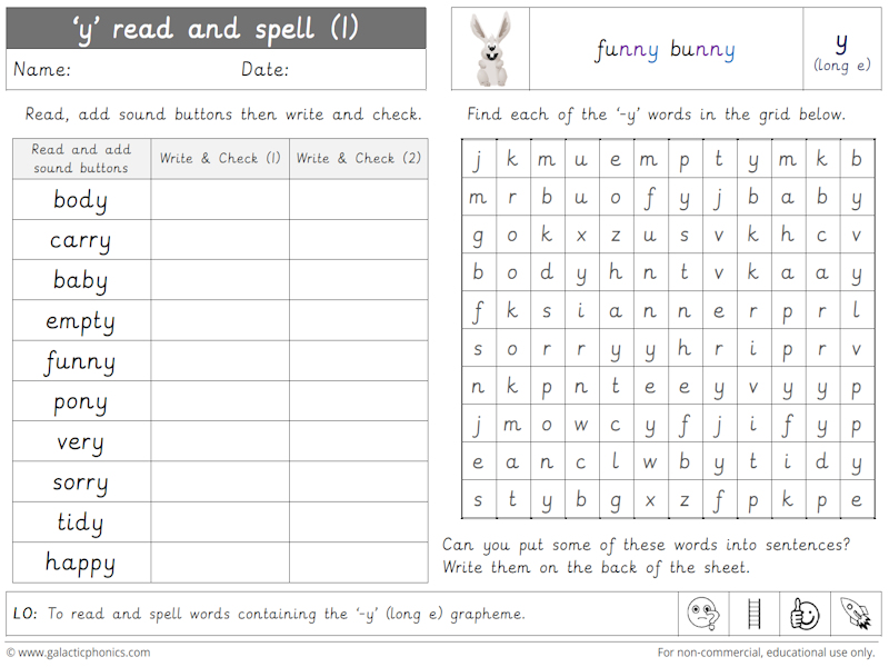 Free 'y' (long e) phonics worksheets and games - Galactic Phonics