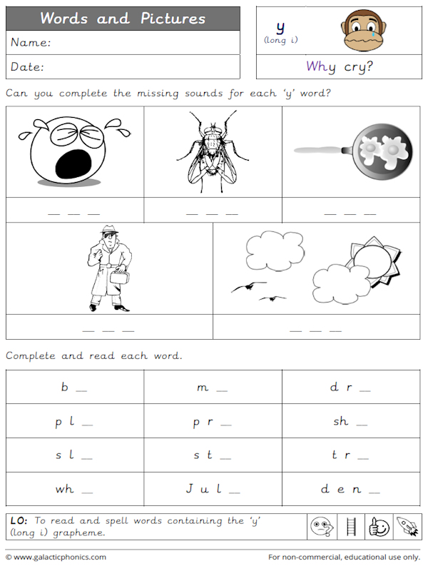 Free 'y' (long i) phonics worksheets and games - Galactic Phonics