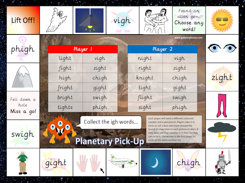 Free 'igh' phonics worksheets and games - Galactic Phonics